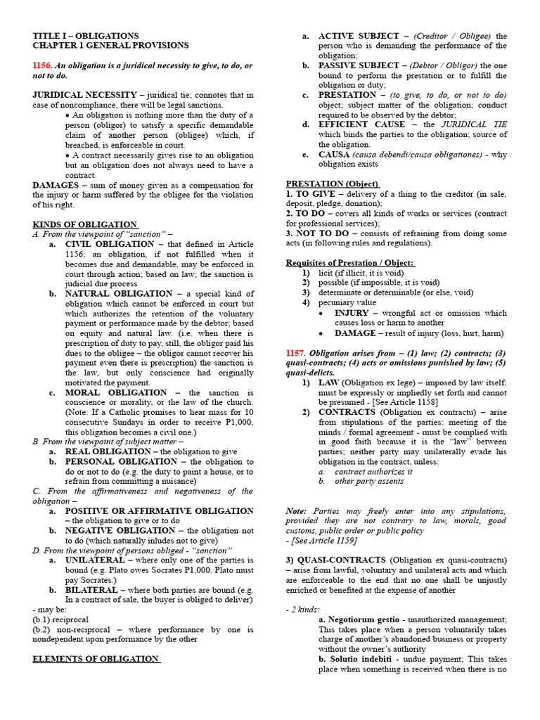 Oblicon Prelim Reviewer | PDF | Law Of Obligations | Jurisprudence