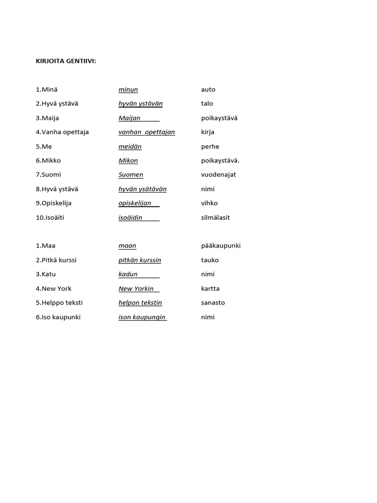 Genetiivi Harjoitus Vast | PDF