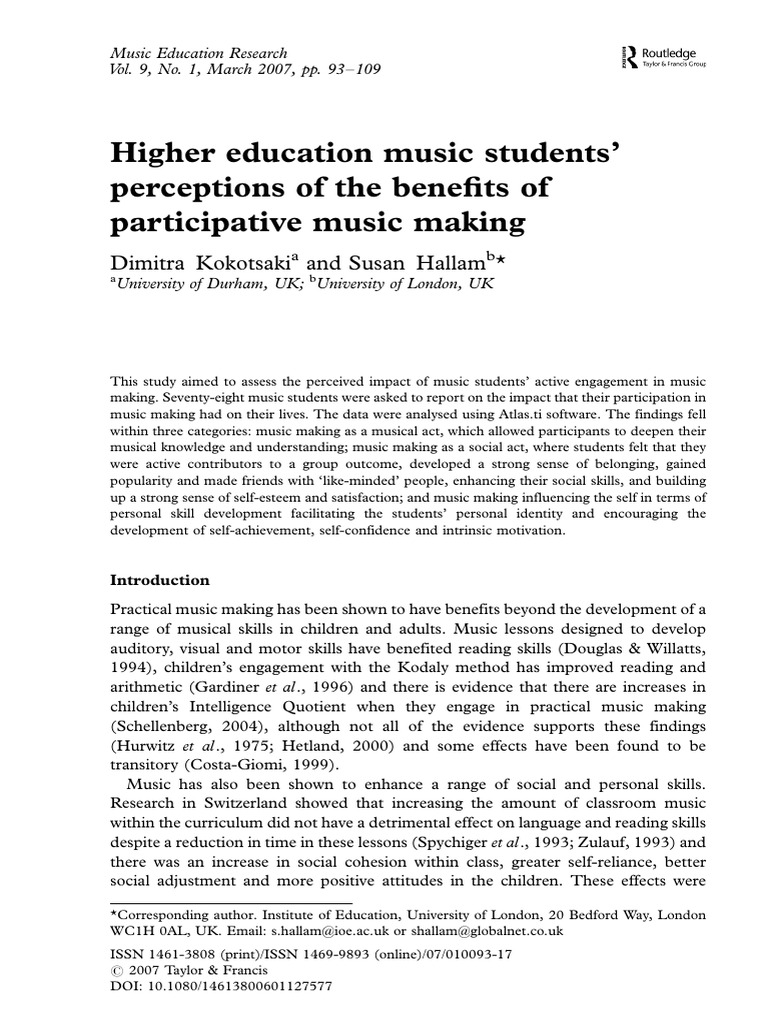 Higher Education Music Students' Perceptions of The Benefits of ...