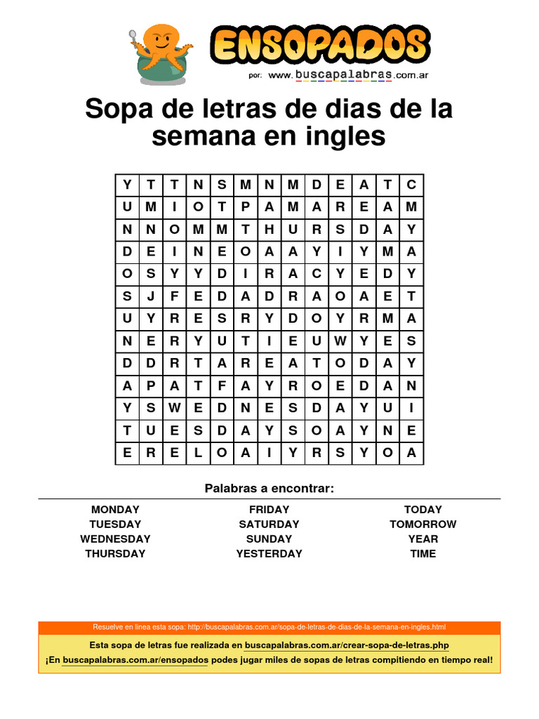 Sopa de Letras de Dias de La Semana en Ingles | PDF