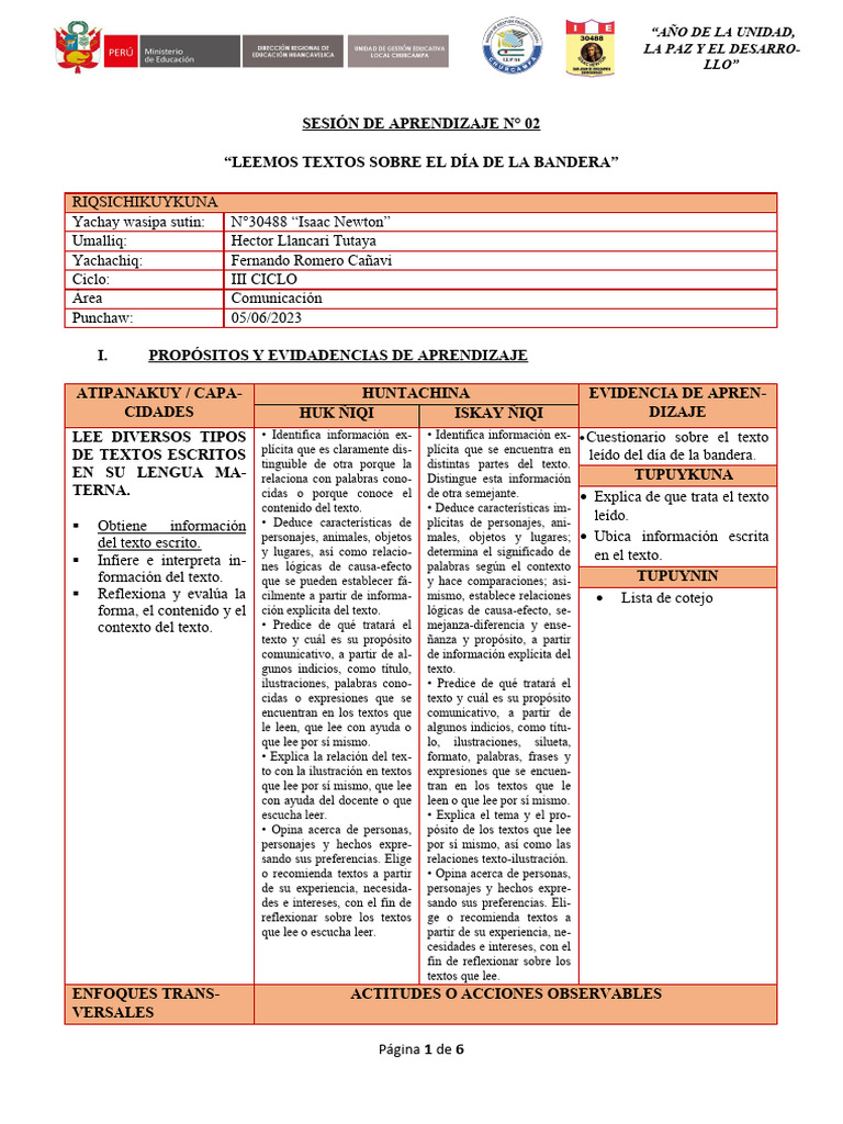 Sesión de Aprendizaje Dia de La Bandera | PDF Sesión de Aprendizaje Dia de La Bandera | PDF