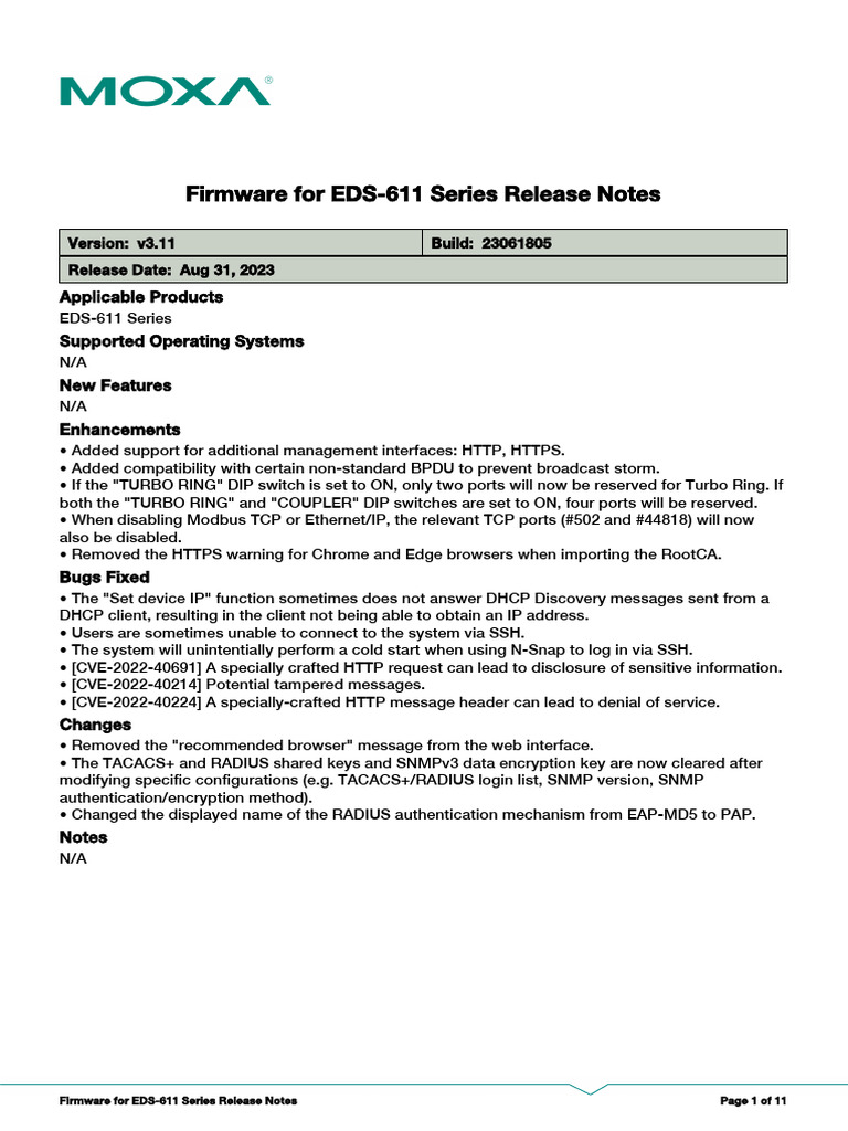 EDS-611 Series - Moxa-Eds-611-Series-Firmware-V3.11.rom - Software Release History | Download ...