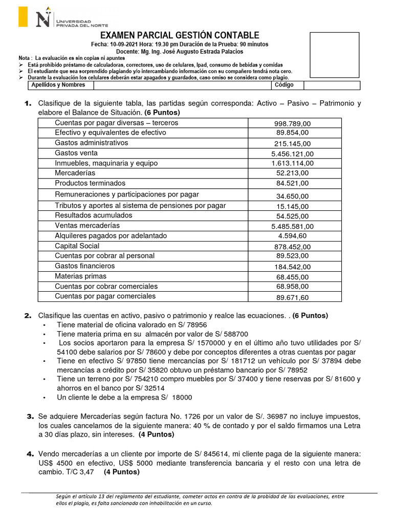 Examen Parcial Gestion Contable Setiembre 2021 2 | PDF | Contabilidad | Bancos