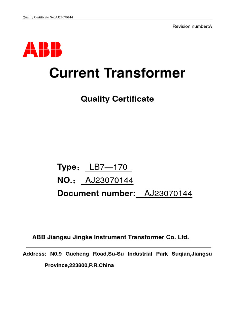 Current Transformer: Quality Certificate | PDF