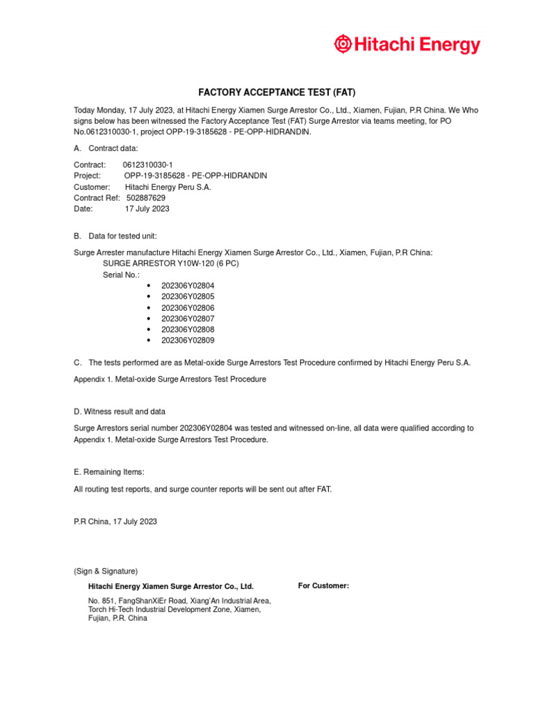 Factory Acceptance Test (Fat) : Appendix 1 | PDF