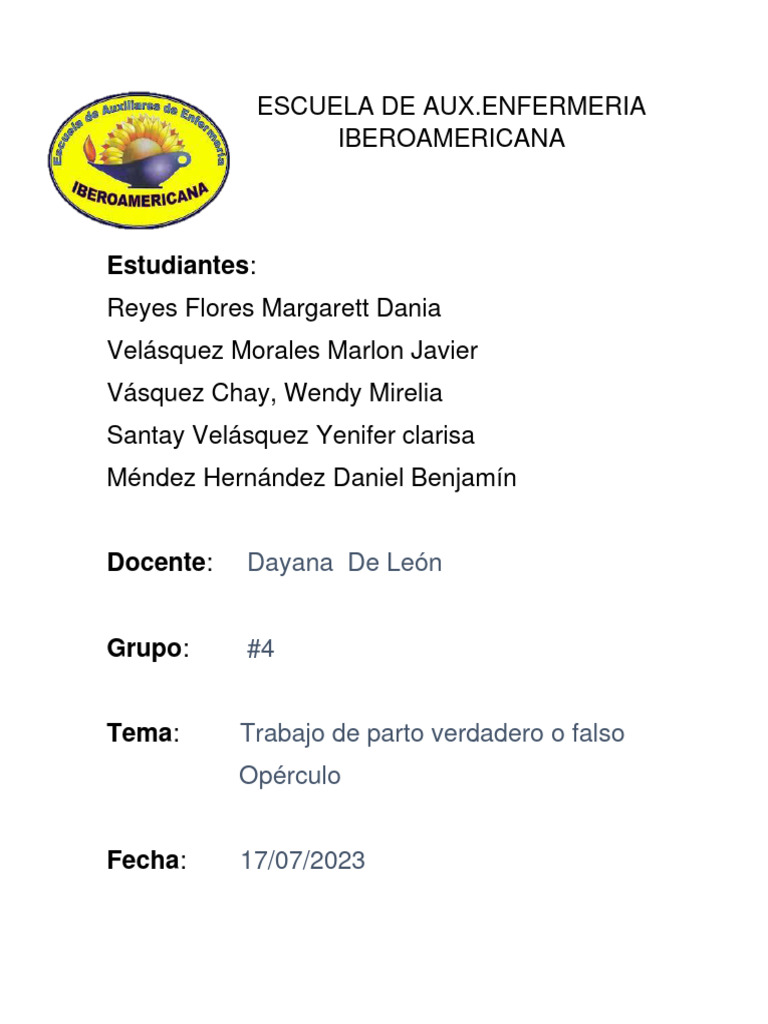 Trabajo de Parto Verdadero o Falso y Operculo Grupo 4 | PDF | Parto ...
