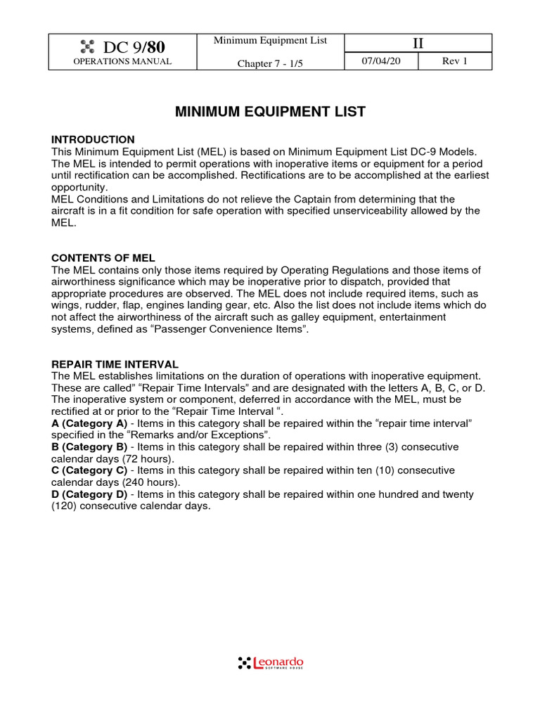 DC-9 Minimum Equipment Guide | PDF | Aeronautics | Manufactured Goods