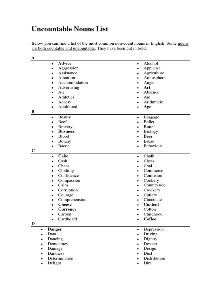 Uncountable Nouns List | PDF | Food And Drink | Foods