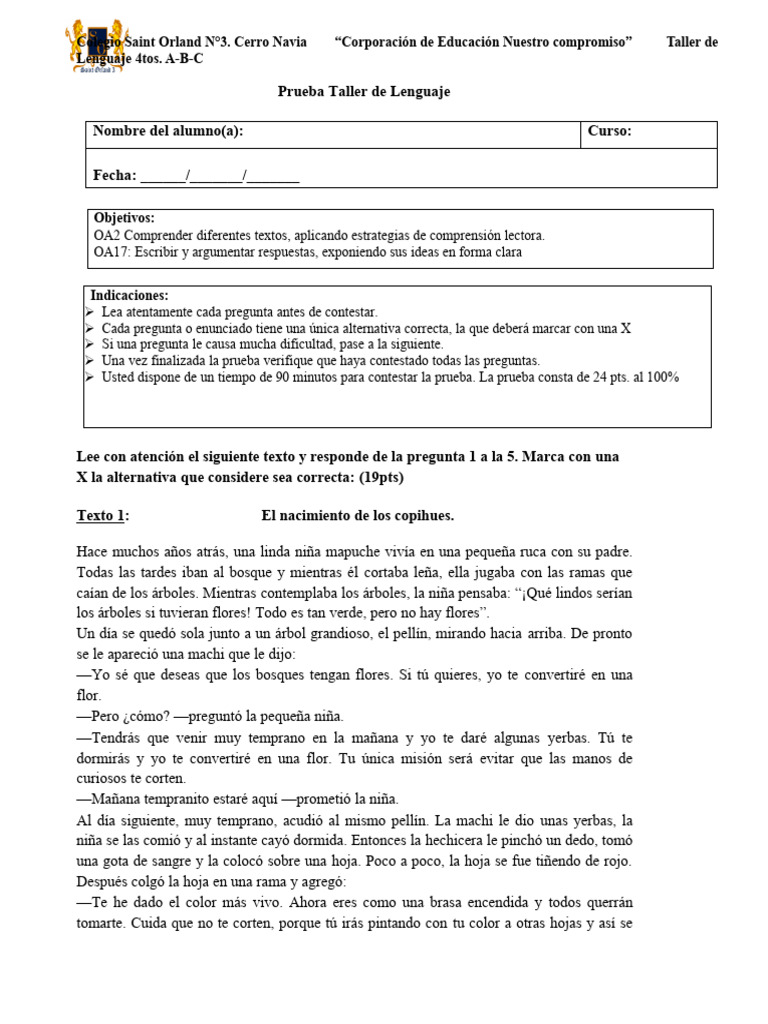 Prueba Coef1 Taller de Lenguaje 4tos Básico | PDF | Caperucita Roja