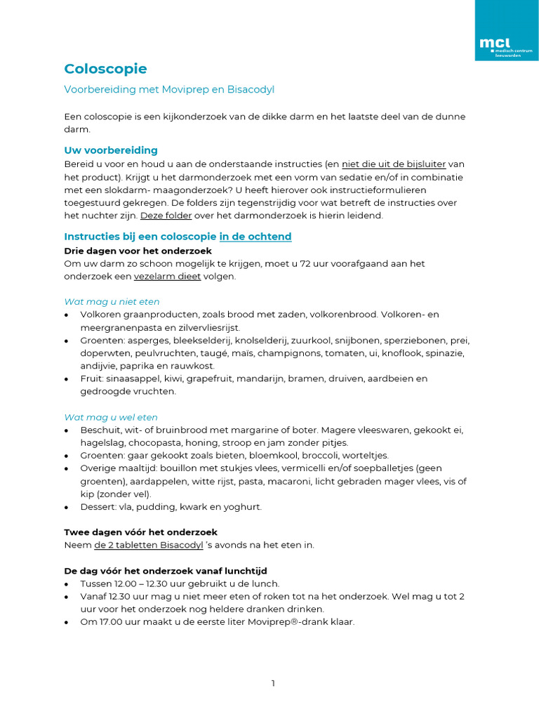 Coloscopie (Voorbereiding Met Moviprep en Bisacodyl) - Januari 2023 | PDF