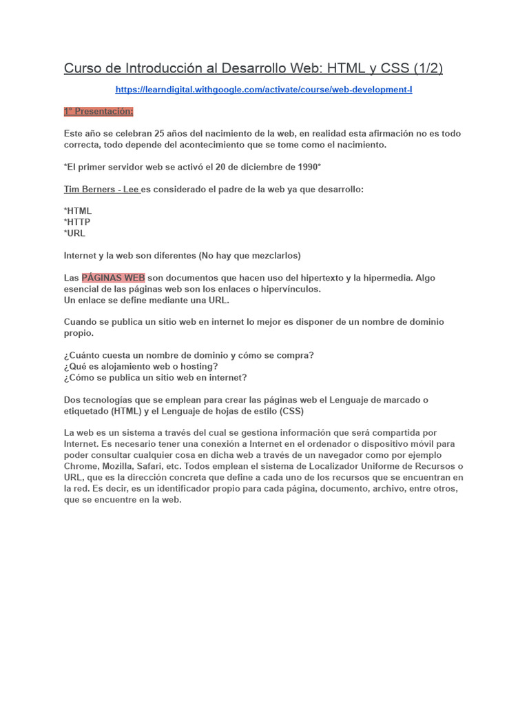 Curso de Introducción al Desarrollo Web_ HTML y CSS | PDF | Red mundial | Internet y web