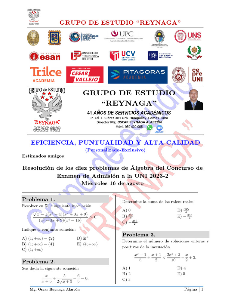 Examen de Admisión UNI 2023-2 Resolución Álgebra Por Mg. Oscar Reynaga ...