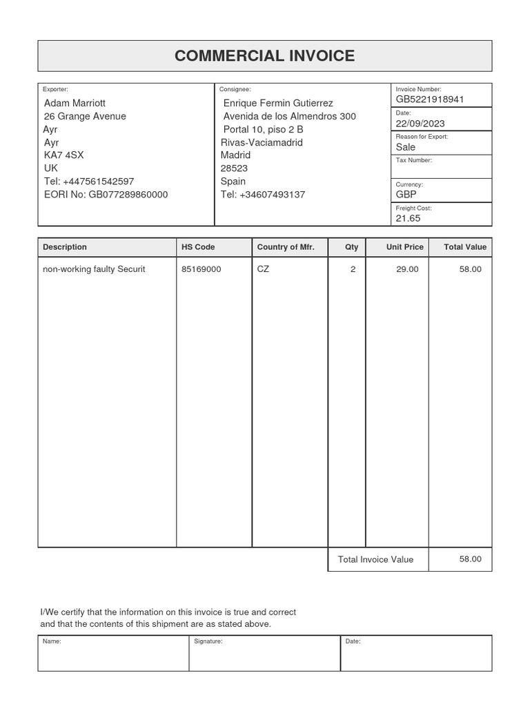 Customs Invoice - 22191894-1 | PDF | Money | Market (Economics)