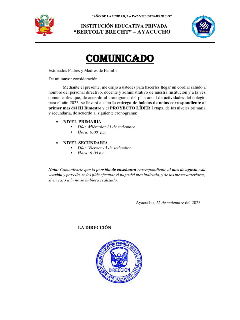 Comunicado para Reunion de Entrega de Boletas Mensual | PDF