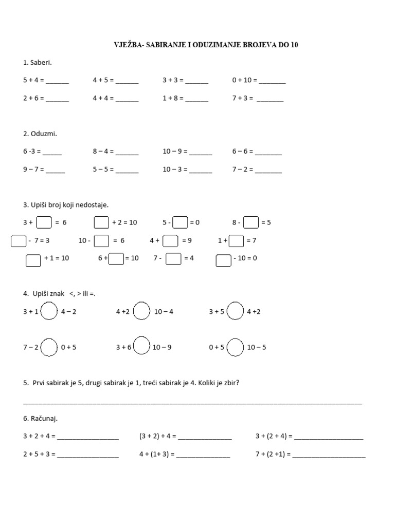 Sabiranje I Oduzimanje Brojeva Do 10 | PDF