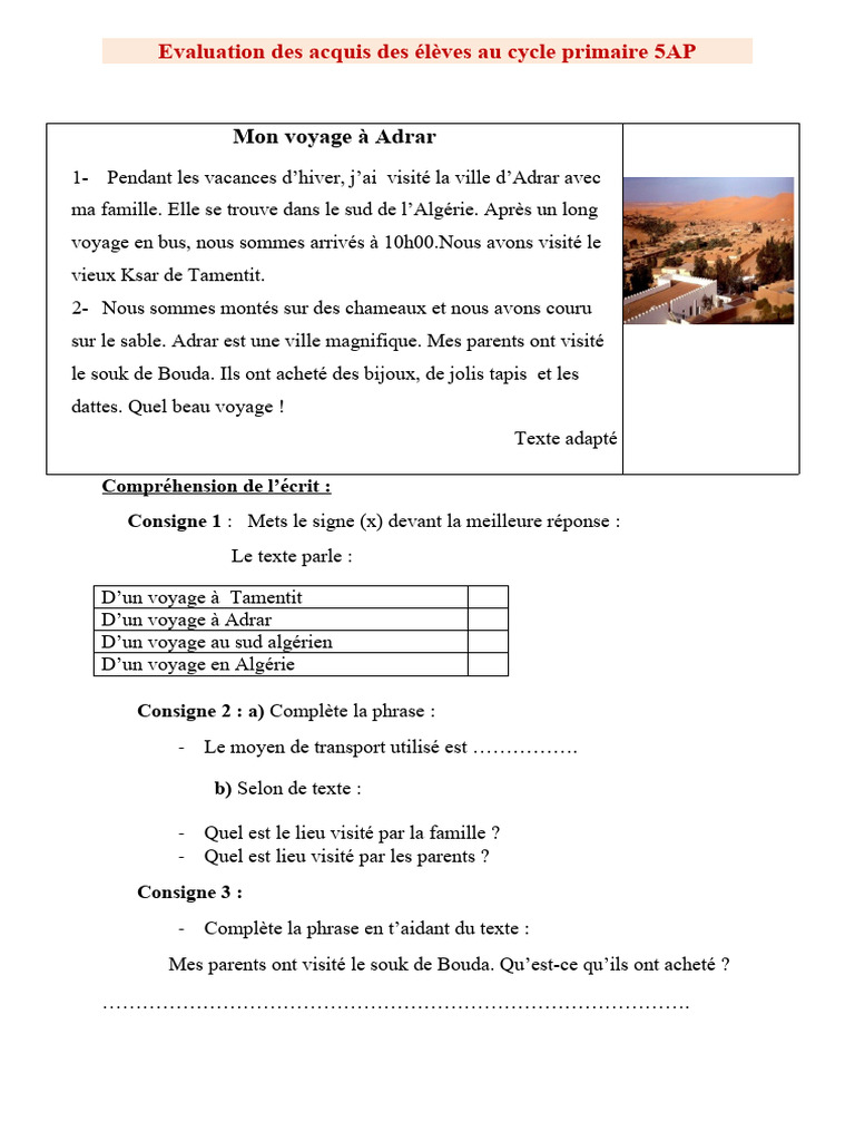 Evaluation Des Acquis Mon Voyage | PDF