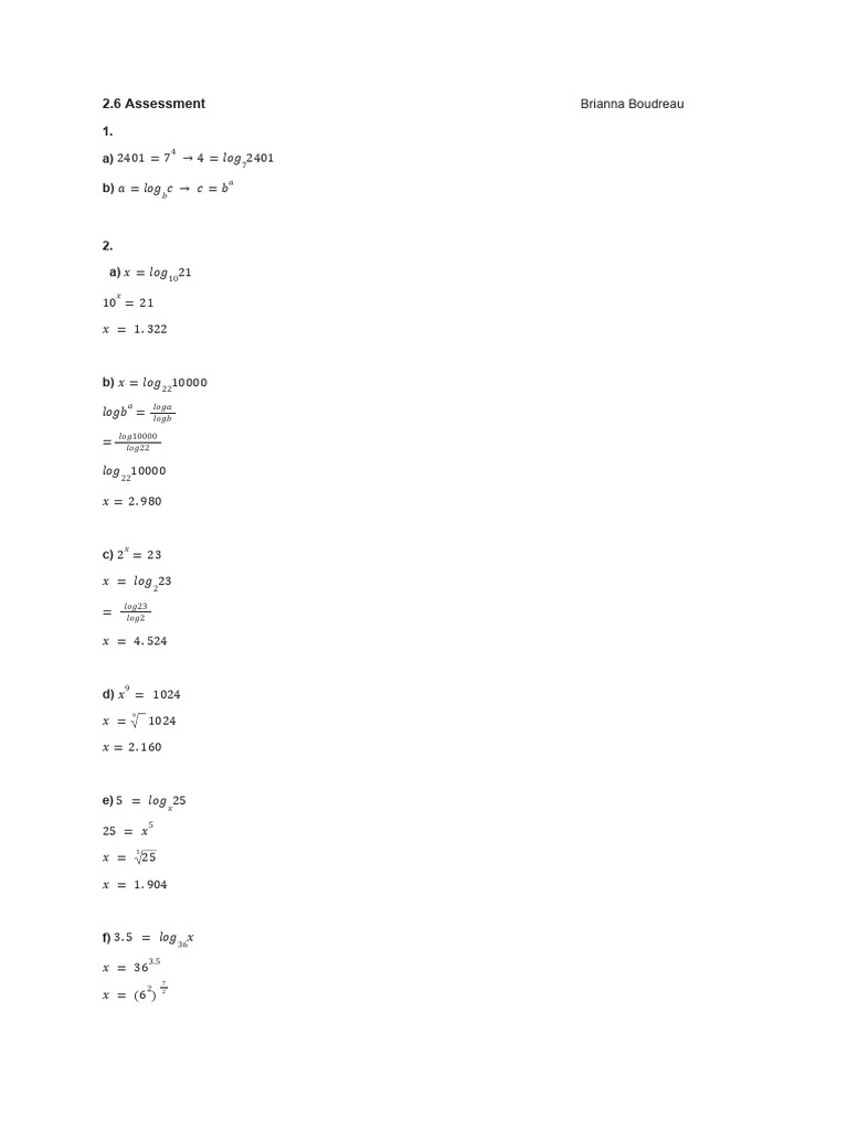 Functions 2.6 Assessment | PDF | Logarithm | Exponential Function