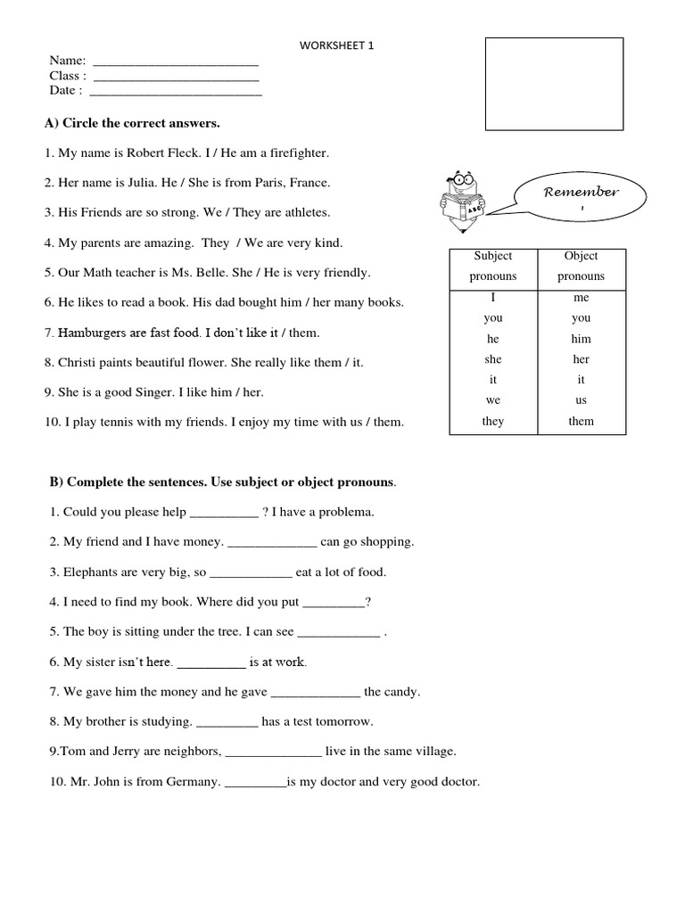 Subject and Object Pronouns Worksheet | PDF