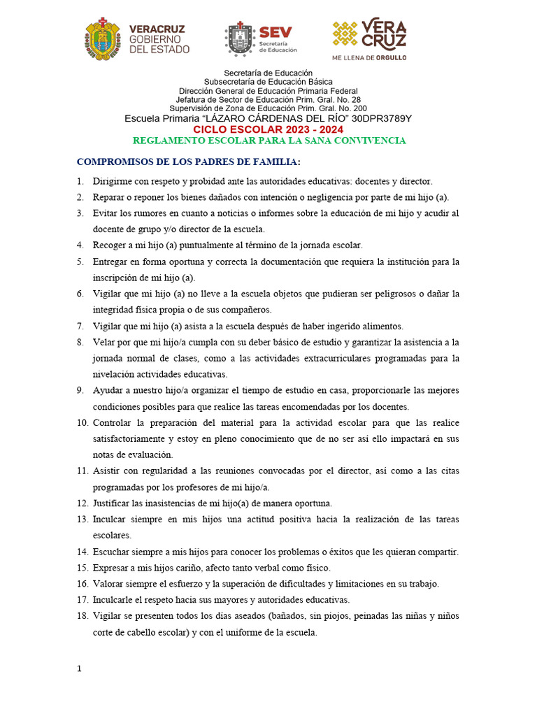 Reglamento Escolar 2023-2024 | PDF | Educación primaria | Maestros