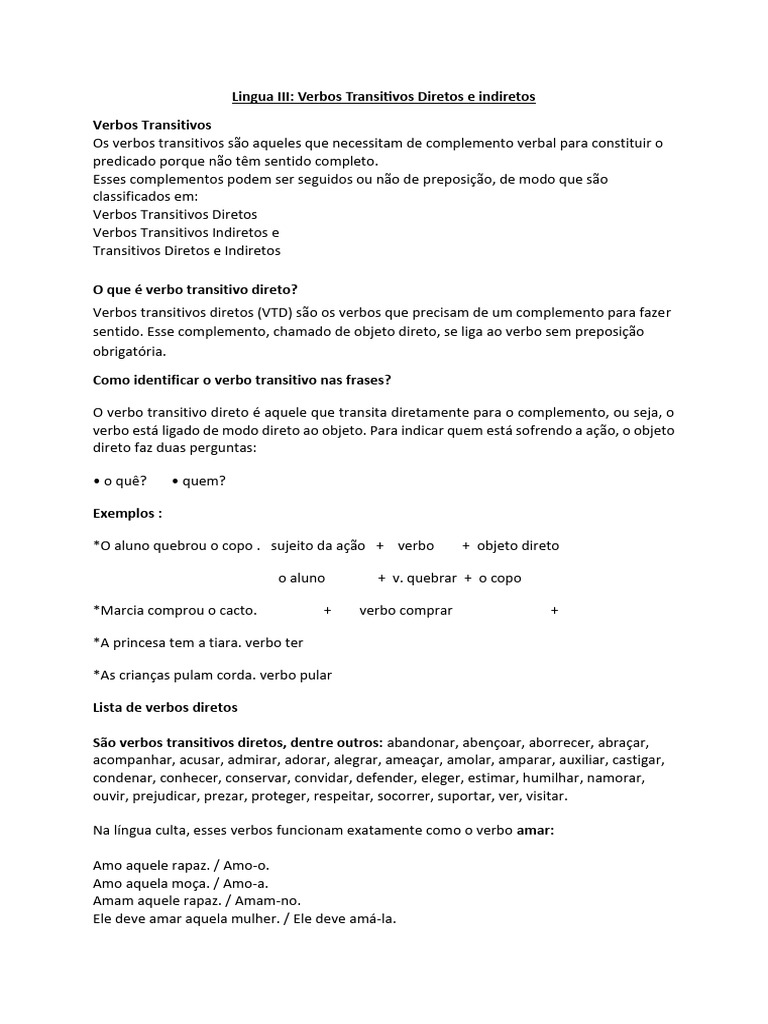 Verbos Transitivos Diretos e Indiretos | PDF | Objeto (gramática ...