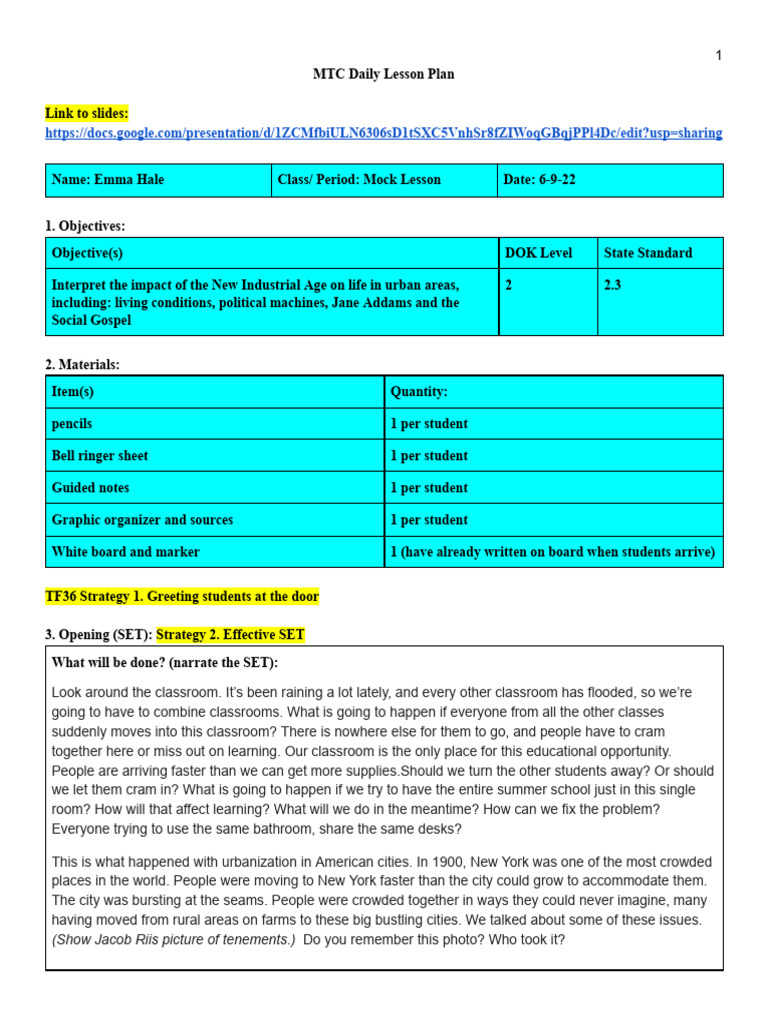 MTC Mock Lesson Plan on Urbanization | PDF