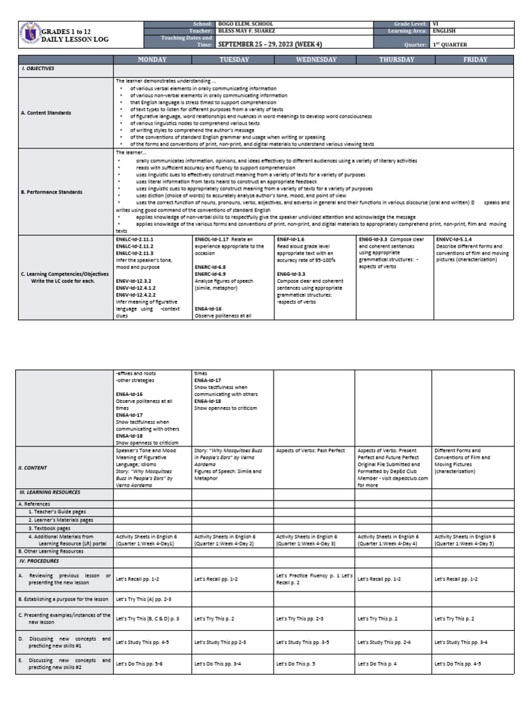 Grade 6 English Daily Lesson Plan | PDF | Language Arts & Discipline