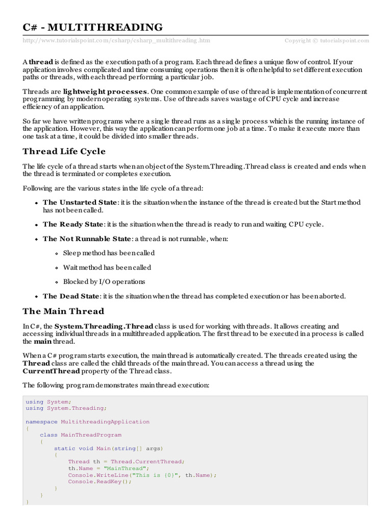 Threading Csharp Multithreading Pdf Thread Computing C Sharp 3065