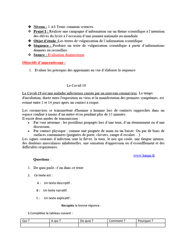 Evaluation Diagnostique 1as | PDF