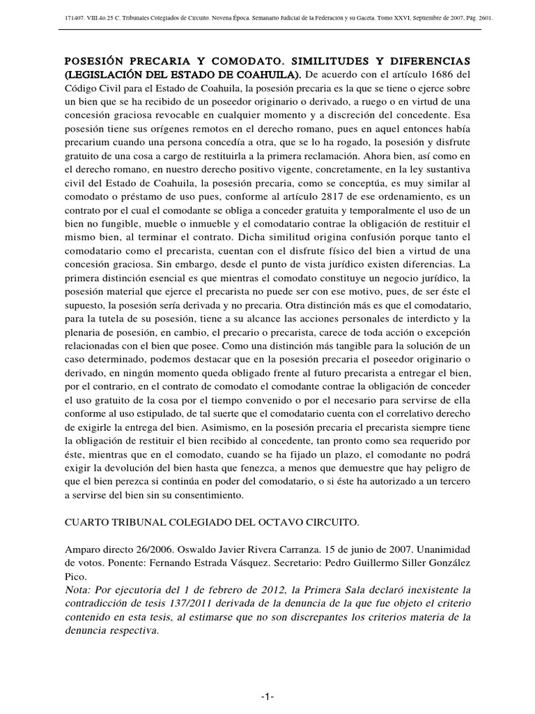 Posesion Precaria y Comodato | PDF