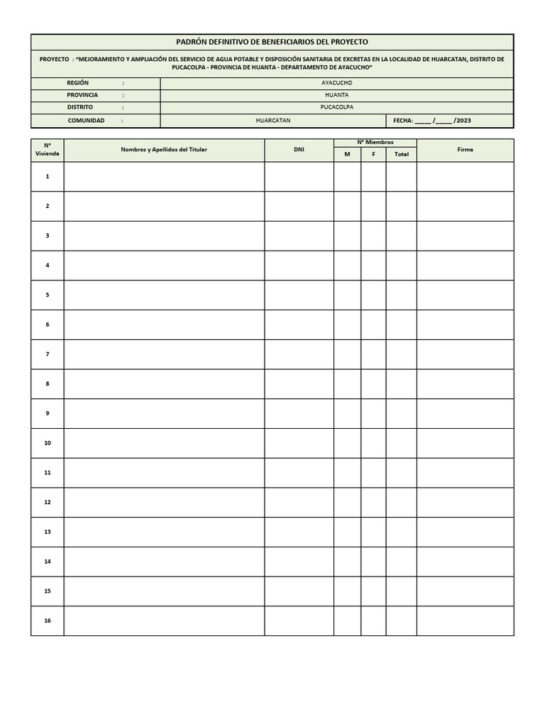Padrón de Beneficiarios Agua Huarcatán | PDF