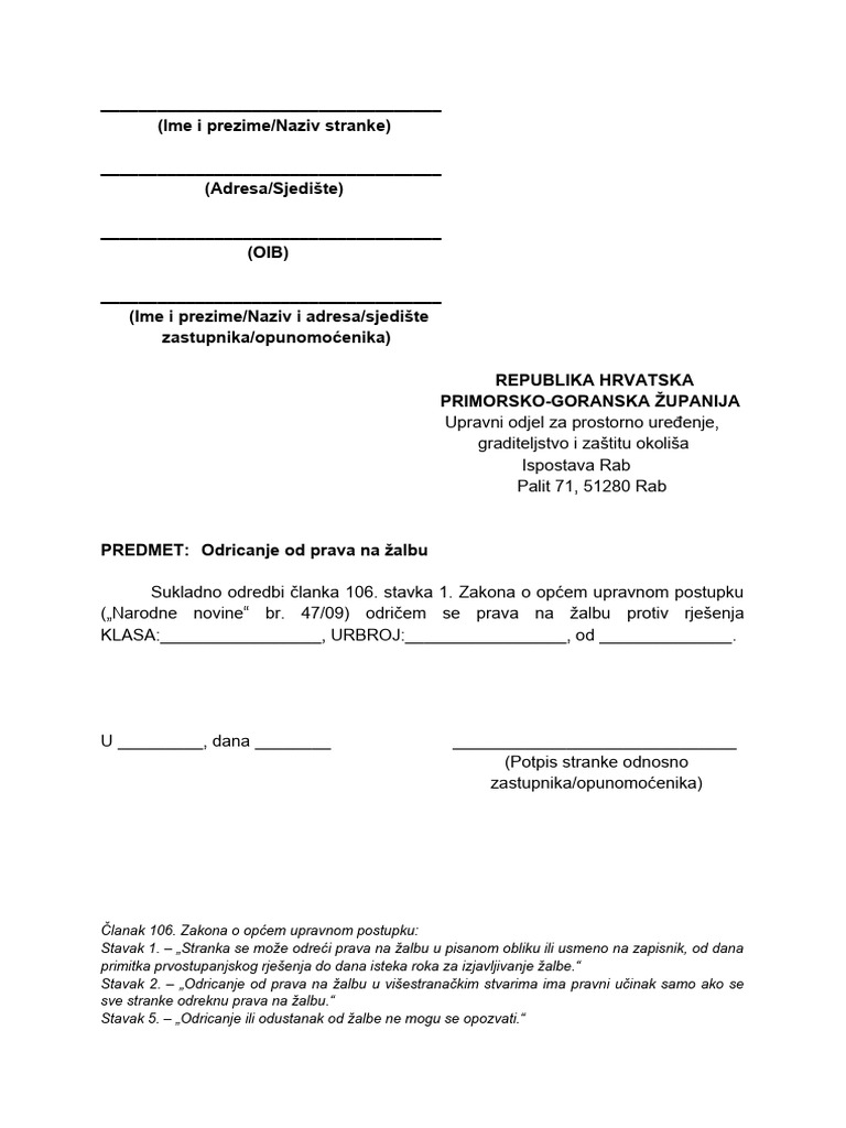 Obrazac Za Odricanje Od Prava Na Žalbu | PDF