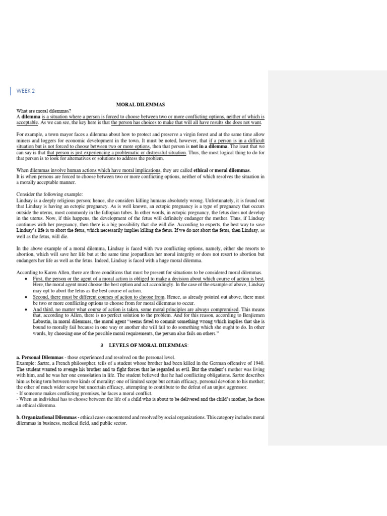 Week 2 MORAL DILEMMAS | PDF