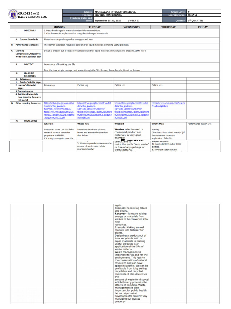 DLL - Science 5 - Q1 - W5 | PDF