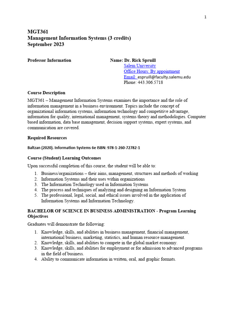 MGT361 Management Information Systems (3 Credits) September 2023 | PDF ...