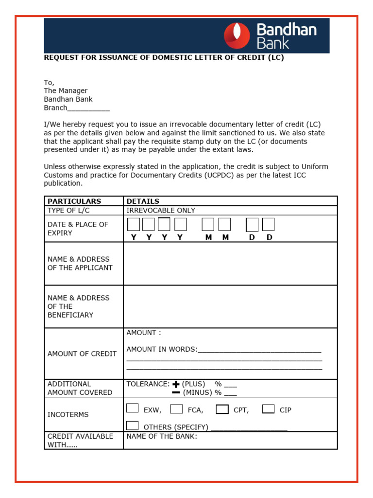 Domestic Letter of Credit Request | PDF | Letter Of Credit | Signature