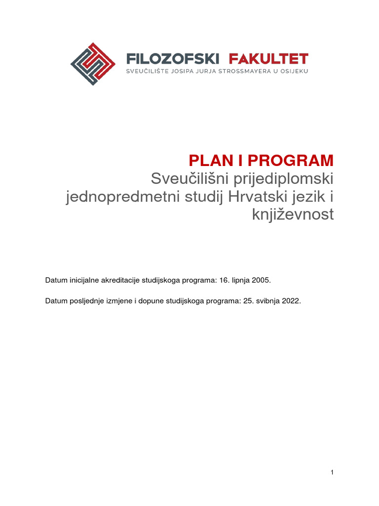 PLAN I PROGRAM Sveucilisni Prijediplomski Jednopredmetni Studij ...