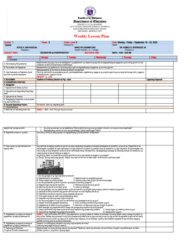 Q1 W3 WLP EsP Sept18 22 FE T. SEMANA | PDF