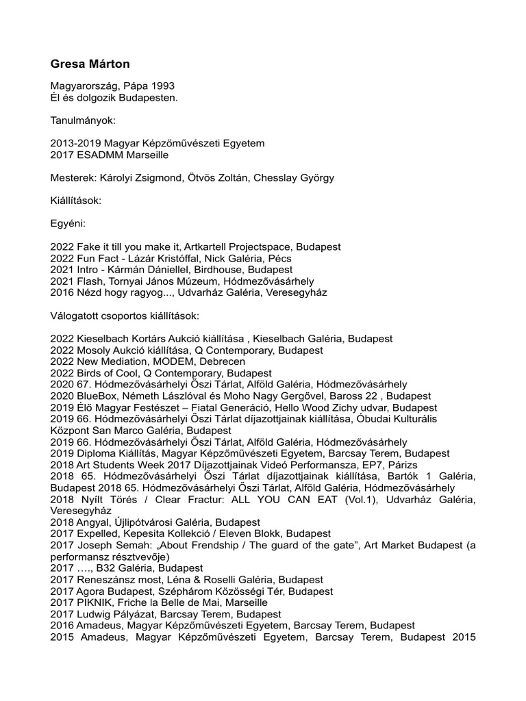 Gresa Márton - Szakmai - Önéletrajz - Magyar 2023 | PDF