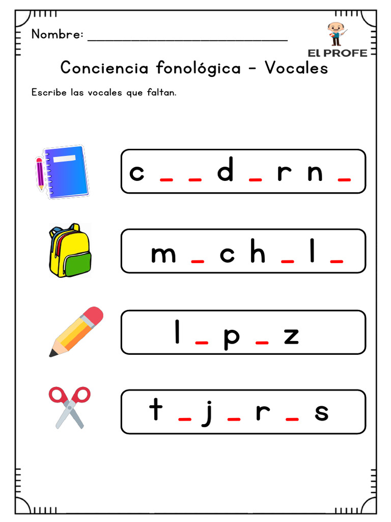 Fichas de Conciencia Fonologica Vocales Elprofe20 | PDF | Artes del ...