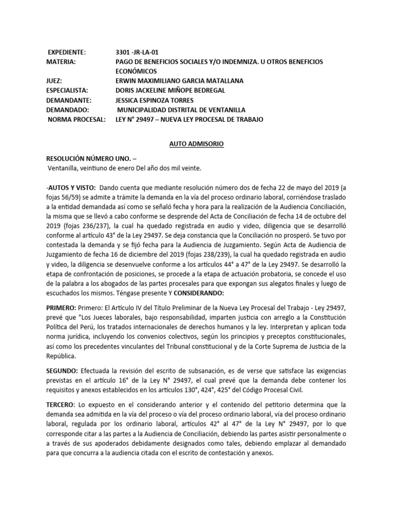 Auto Admisorio | PDF | Derecho laboral | Ley procesal