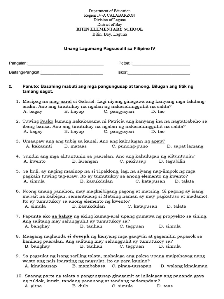 Summative-Test - FILIPINO 4-Q1 | PDF