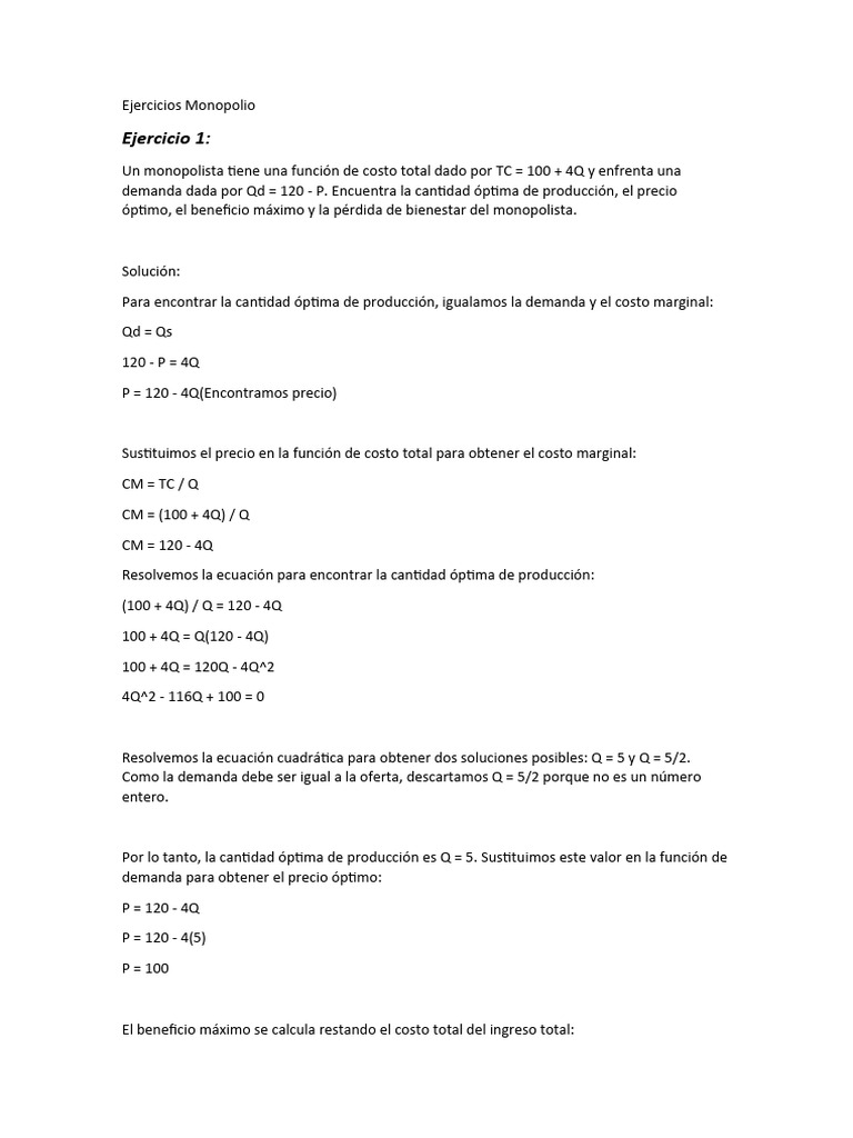 Ejercicios Monopolio | PDF | Monopolio | Precios