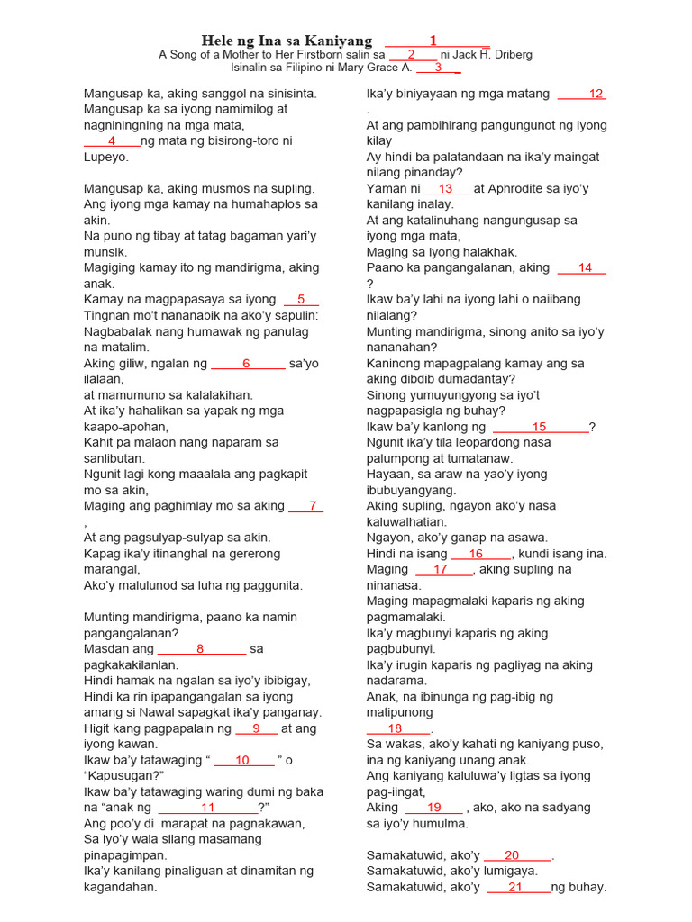 Exam - Hele NG Ina Sa Kaniyang Panganay | PDF