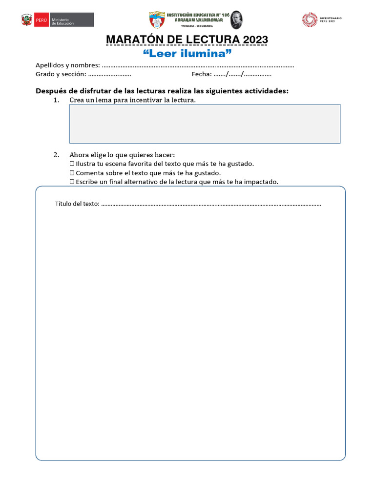 Ficha de Actividad - Maratón de Lectura 2023 | PDF