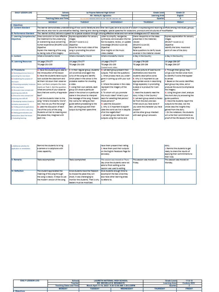 Daily Lesson Log Cookery 3rd Quarter | PDF | Learning | Cooking