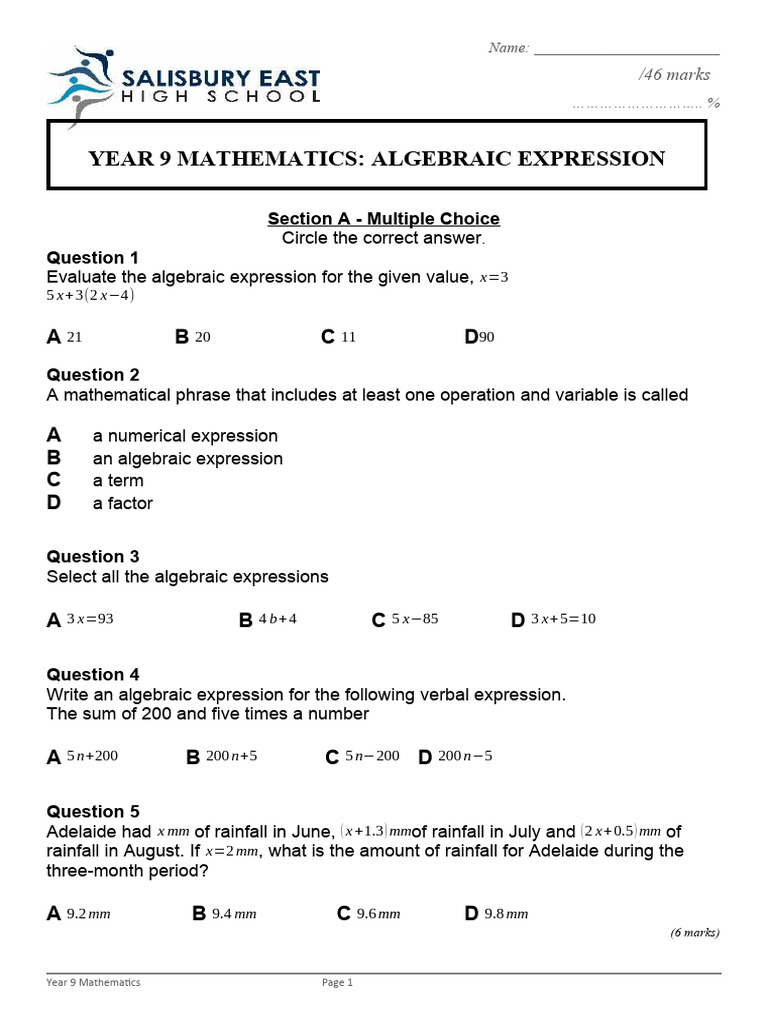 Algebraic Expressions Test | PDF