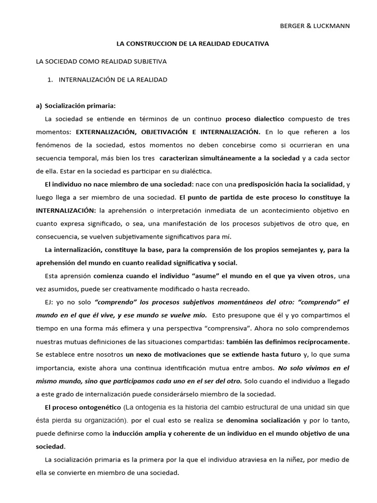 La Construcción de la Realidad Social | PDF | Socialización | Realidad