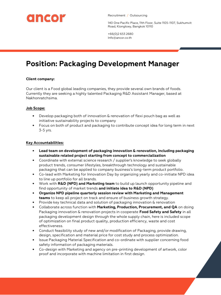 Ancor_JD_Packaging Development Assistant Manager | PDF | Packaging And ...