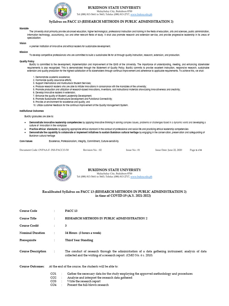 Recalibrated Syllabus PACC 13 Research Methods in Public Administration ...