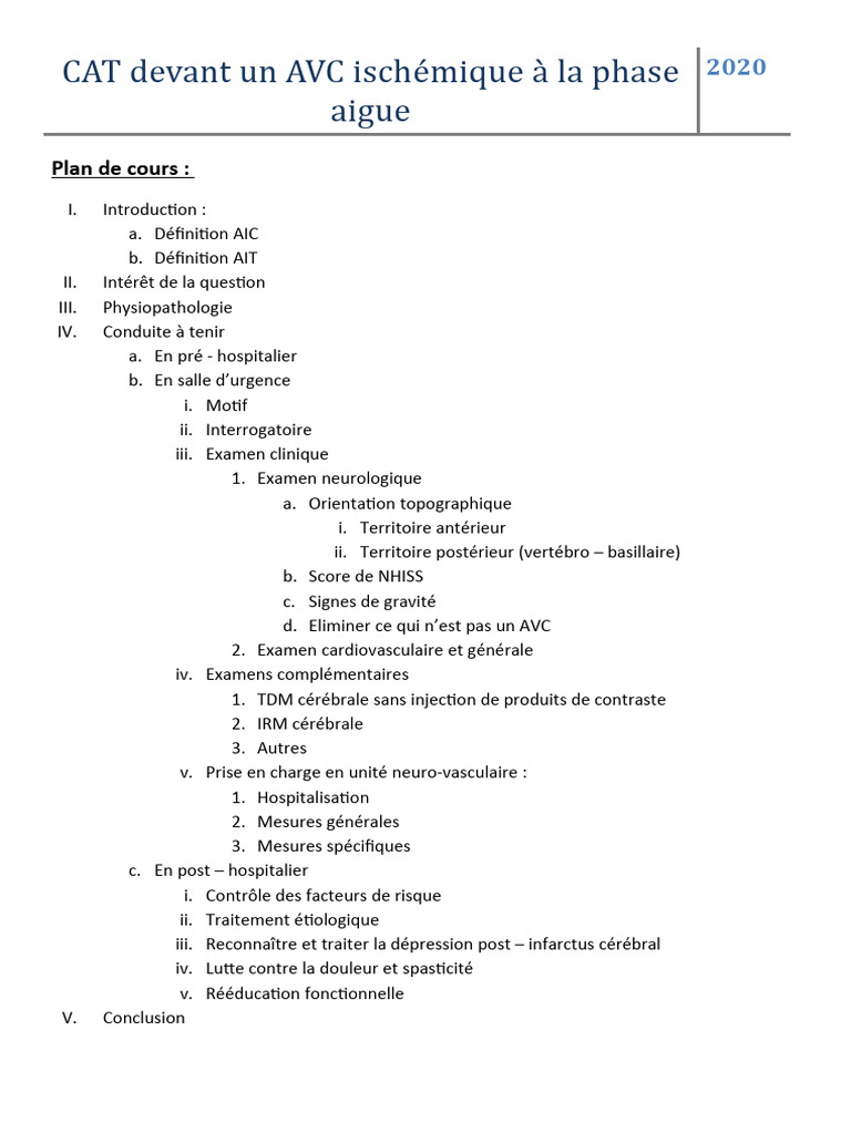 001 CAT Devant Un AVC Ischémique À La Phase Aigue | PDF | Accident ...